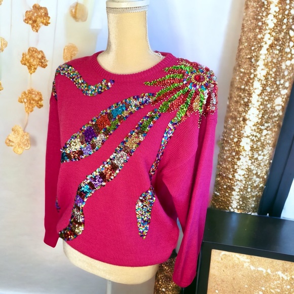 christine gerard | Sweaters | Medium Christine Gerard Vintage Glitz Sequin Acrylic Sweater Pink ...
